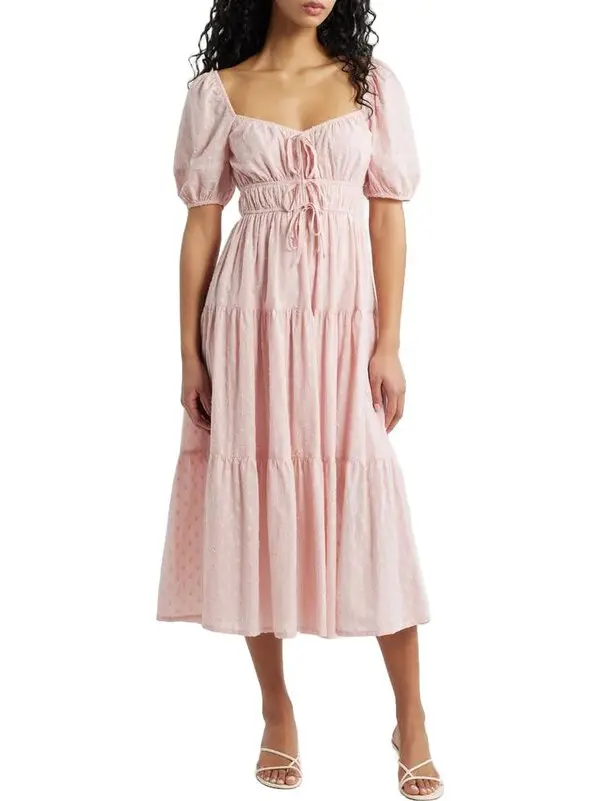BLU PEPPER Puff Sleeve Tiered Cotton Midi Dress - Pink