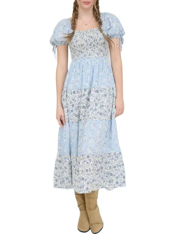 BLU PEPPER Smocked Tiered Midi Dress - Light Blue Multi