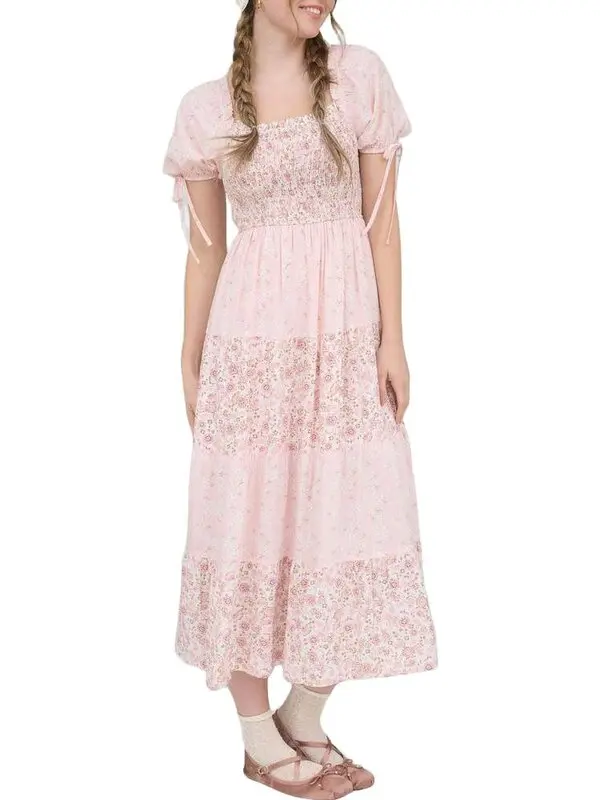 BLU PEPPER Smocked Tiered Midi Dress - Light Pink Multi