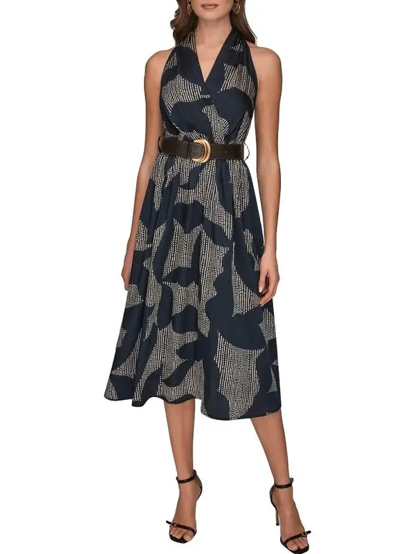 Donna Karan New York Printed Belted Sleeveless Midi Dress - Nghtfal/sand