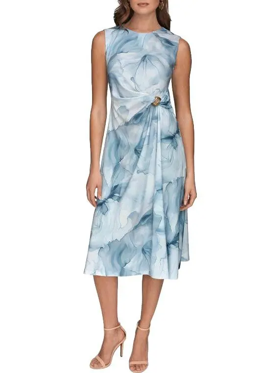 Donna Karan New York Floral Knot Detail Midi Dress - Washed Indgo