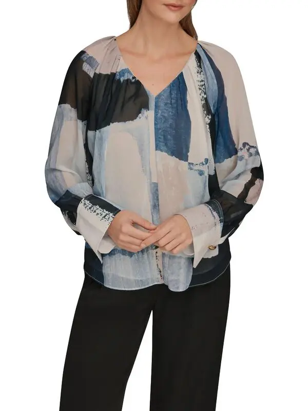 Donna Karan New York Printed Long Sleeve Top - Washed Indigo/cream