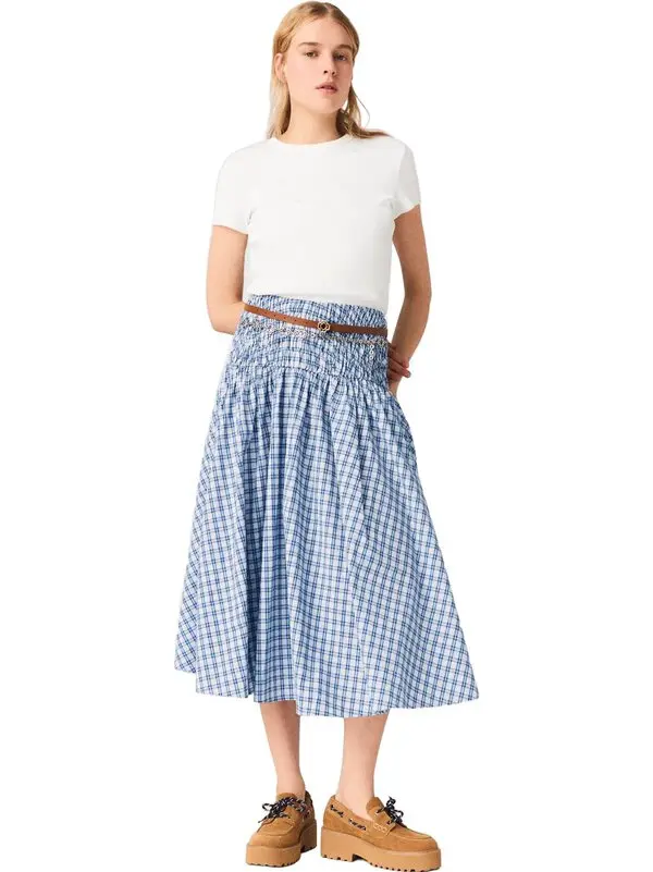 Maje Cotton Rhinestone Maxi Skirt - Blue Check Print