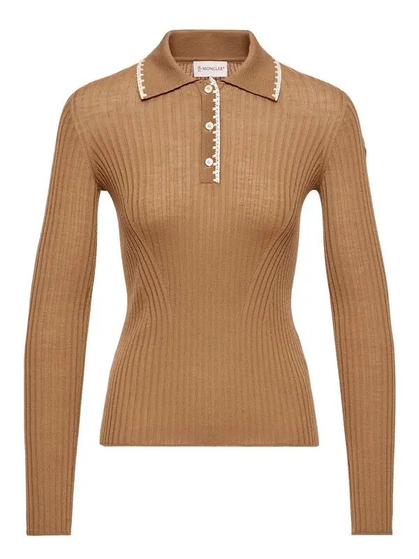 Moncler Wool Long Sleeve Polo Shirt - Beige
