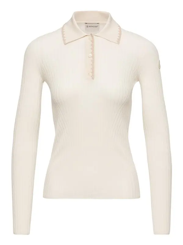 Moncler Wool Long Sleeve Polo Shirt - White