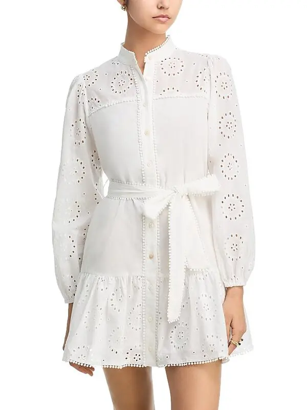 Aqua Eyelet Long Sleeve Mini Shirt Dress - White