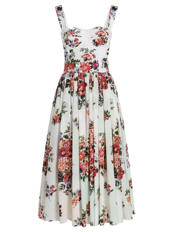 Dolce & Gabbana Floral Bouquet-print Midi Dress - White