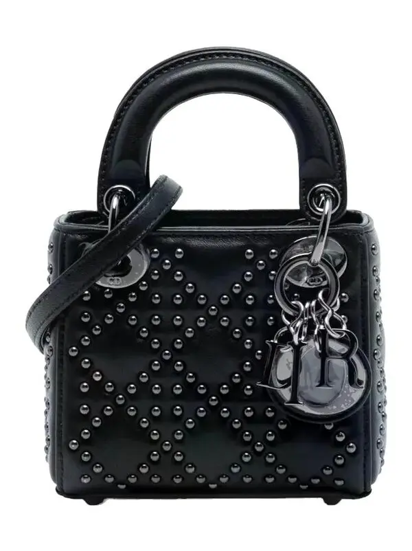 Dior 2022 Micro Lambskin Cannage Studded Supple Lady Satchel - Black