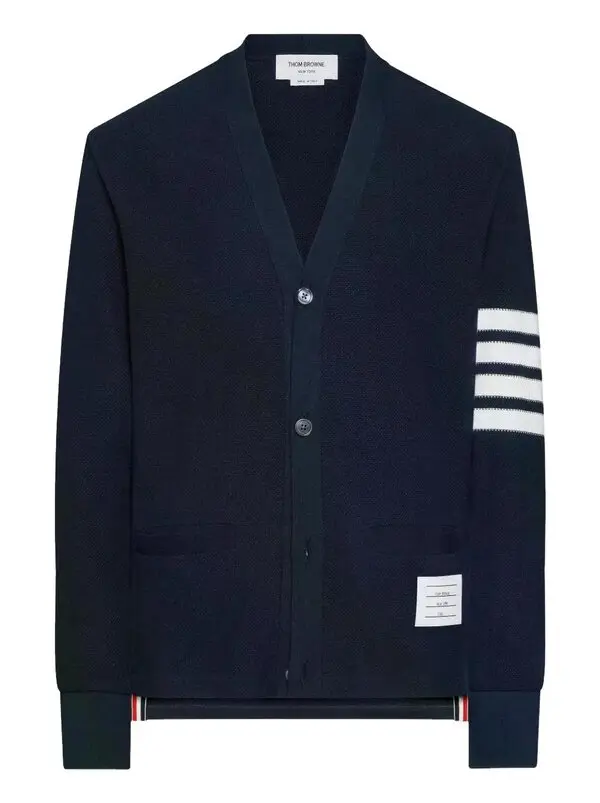 Thom Browne V-neck Cardigan With Logo Patch - Blue
