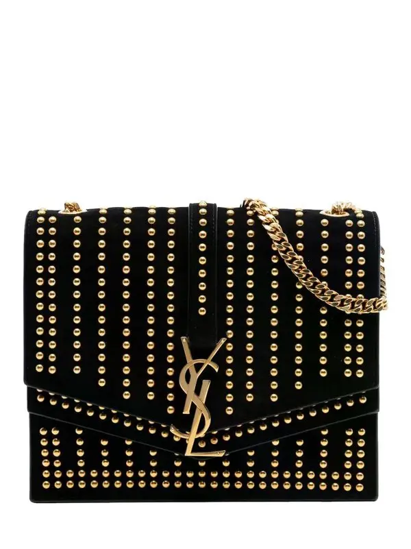 Saint Laurent 2018 Medium Studded Suede Monogram Sulpice Crossbody Bag - Black