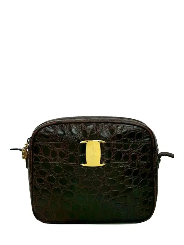 FERRAGAMO Croc Embossed Leather Vara Crossbody Bag - Brown