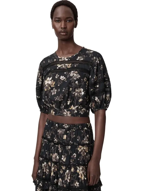 ALLSAINTS Peony Lace Trim Cropped Top - Black