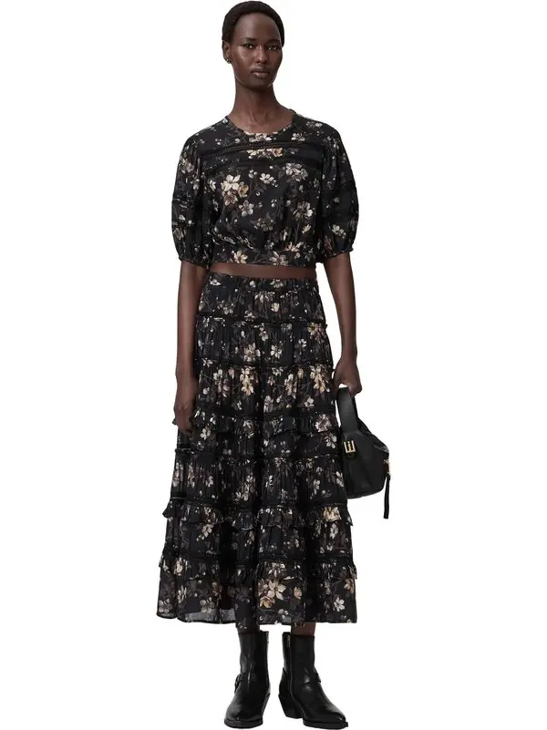 ALLSAINTS Talia Printed Tiered Midi Skirt - Black