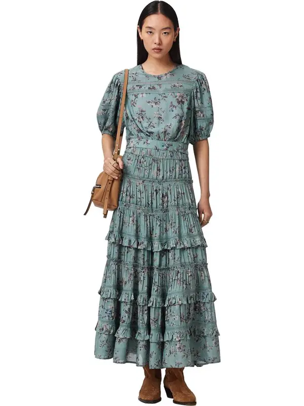 ALLSAINTS Talia Printed Tiered Midi Skirt - Blue