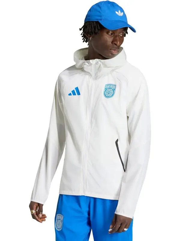 Adidas San Diego Fc Tiro Travel Full Zip Windbreaker - White / Glow Blue
