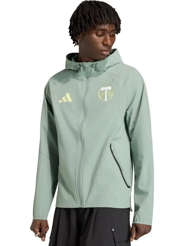 Adidas Portland Timbers Tiro Travel Full-zip Windbreaker - Silver Green / Ice Yellow