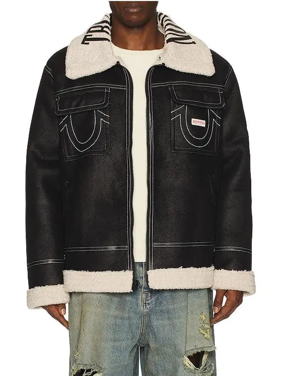 True Religion Faux Leather Sherpa Jacket - Black