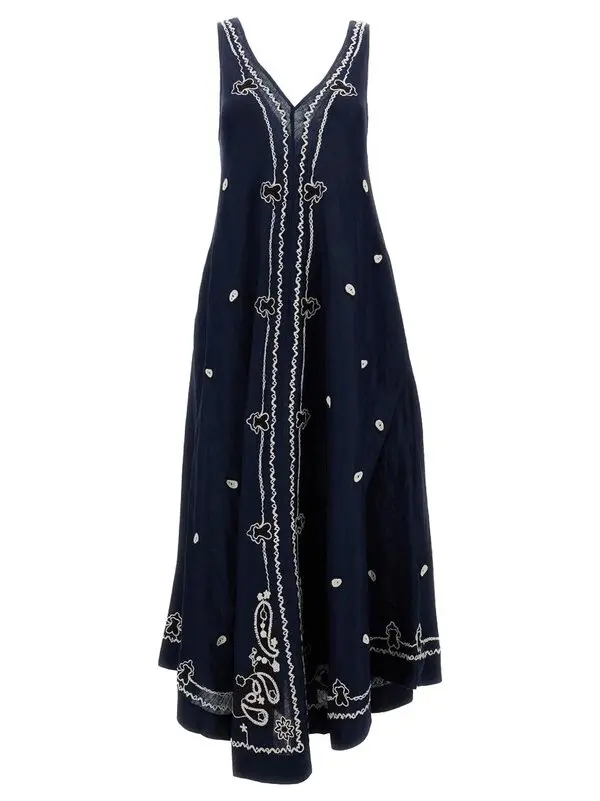 PAROSH Embroidered Linen Dress - Blue