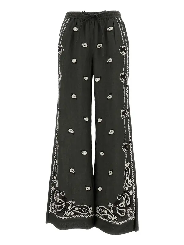 PAROSH Embroidered Linen Wide Leg Trousers - Verde