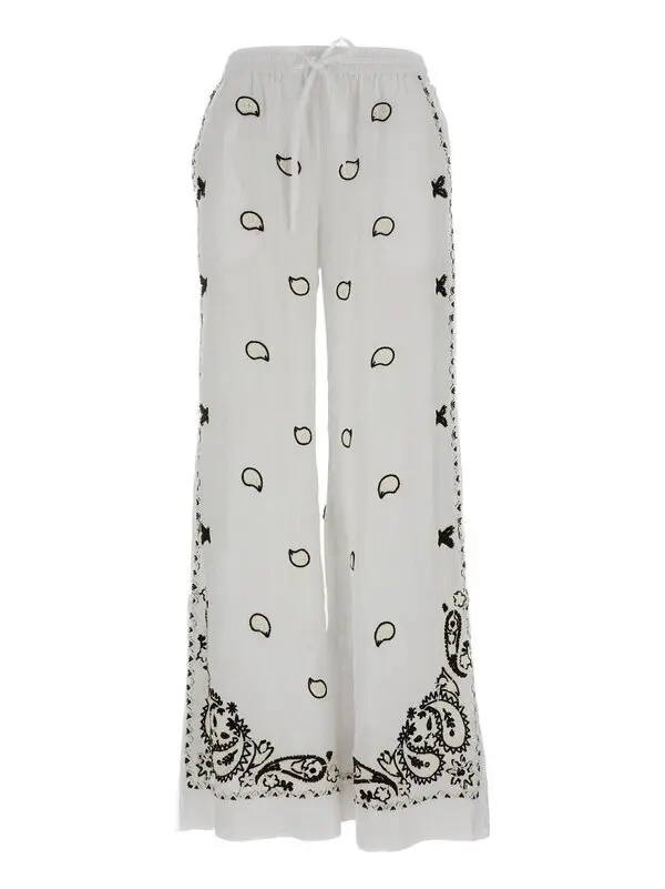 PAROSH Embroidered Wide-leg Linen Trousers - White