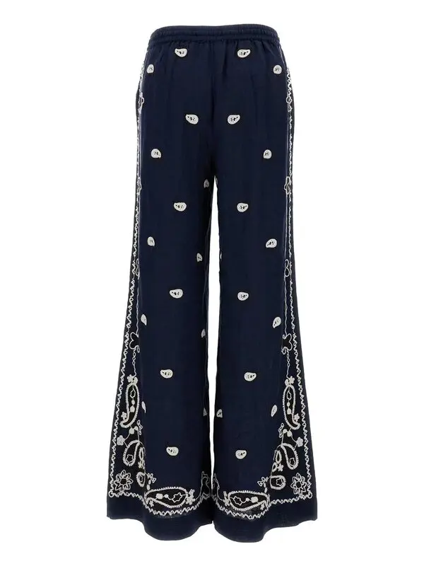 PAROSH Embroidered Linen Trousers - Blue