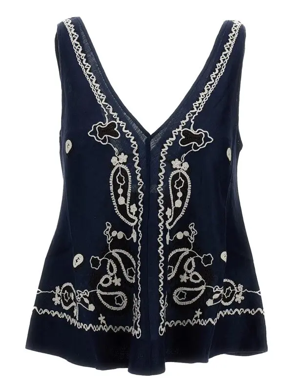 PAROSH Embroidered Linen Top - Blue