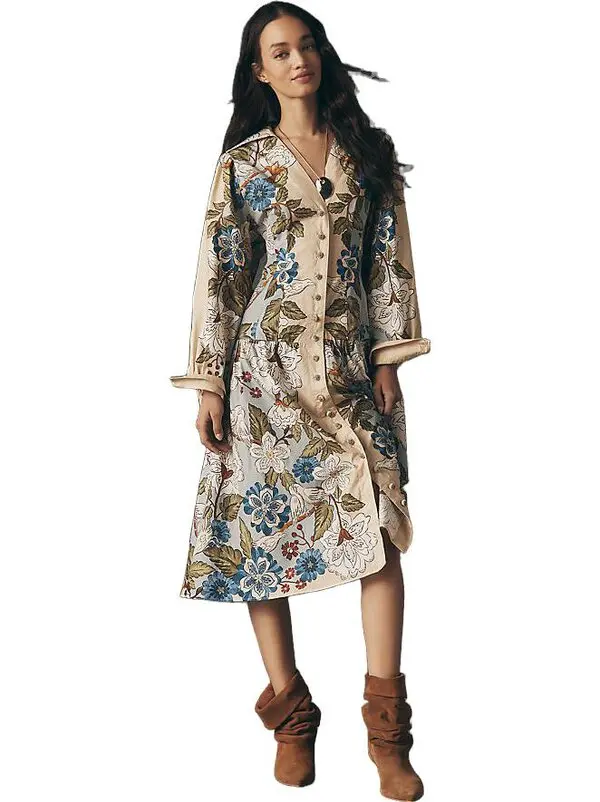 Farm Rio Garden Midi Shirt Dress - Yellow Floral