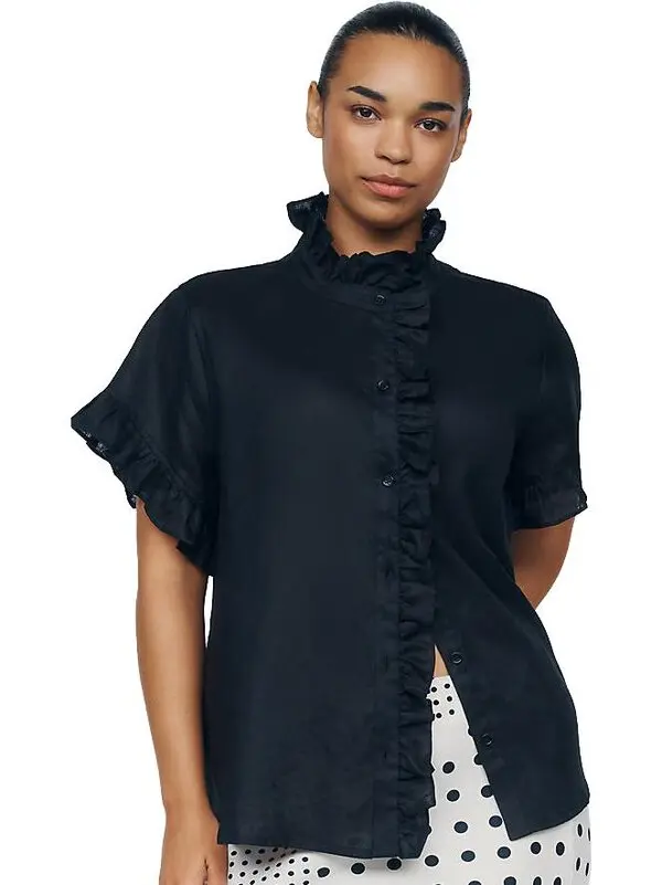 English Factory Linen Blend Ruffle Shirt Top - Black