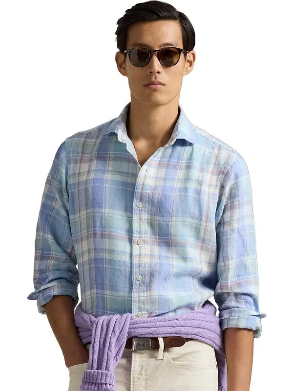 Ralph Lauren Classic Fit Plaid Slub Linen Shirt - Blue Orange Multi