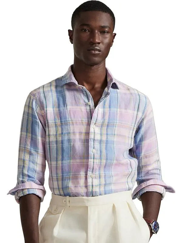 Ralph Lauren Classic Fit Plaid Slub Linen Shirt - Pink Blue Multi