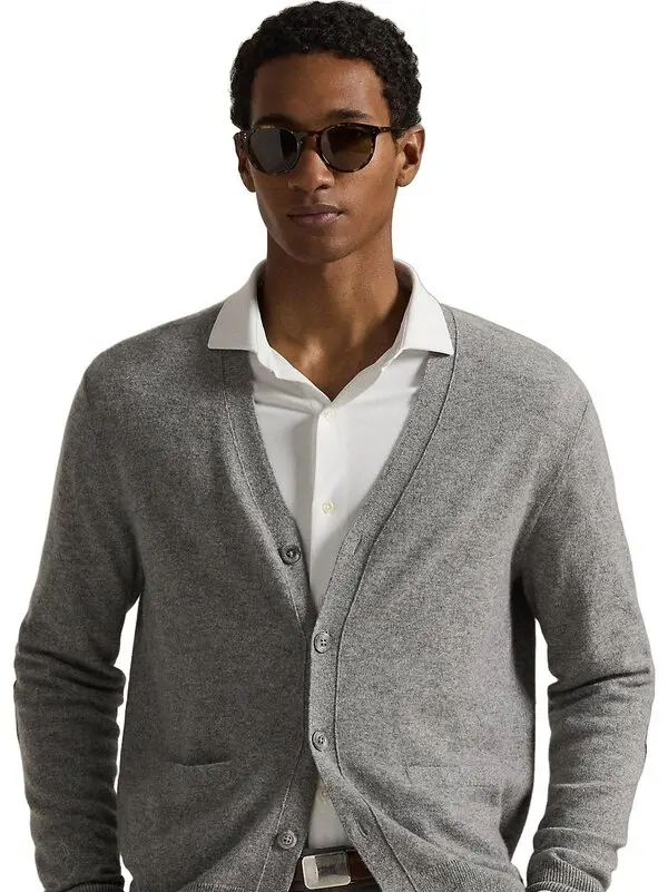 Ralph Lauren Cashmere Cardigan With Suede Elbow Patches - Fawn Grey Heather