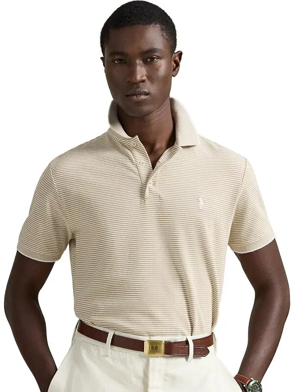 Ralph Lauren Classic Striped Stretch Mesh Polo Shirt - Classic Khaki/white