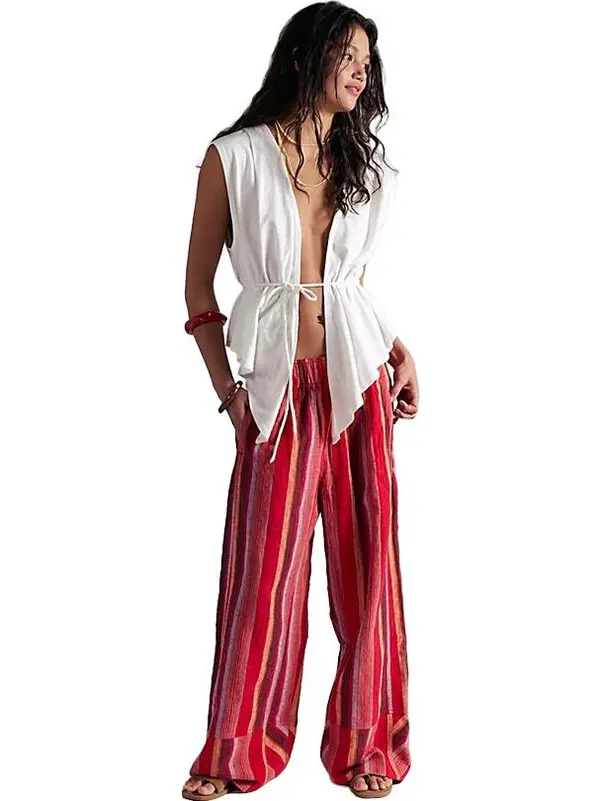 Free People Day's End Striped Linen Pants - Cherry Combo