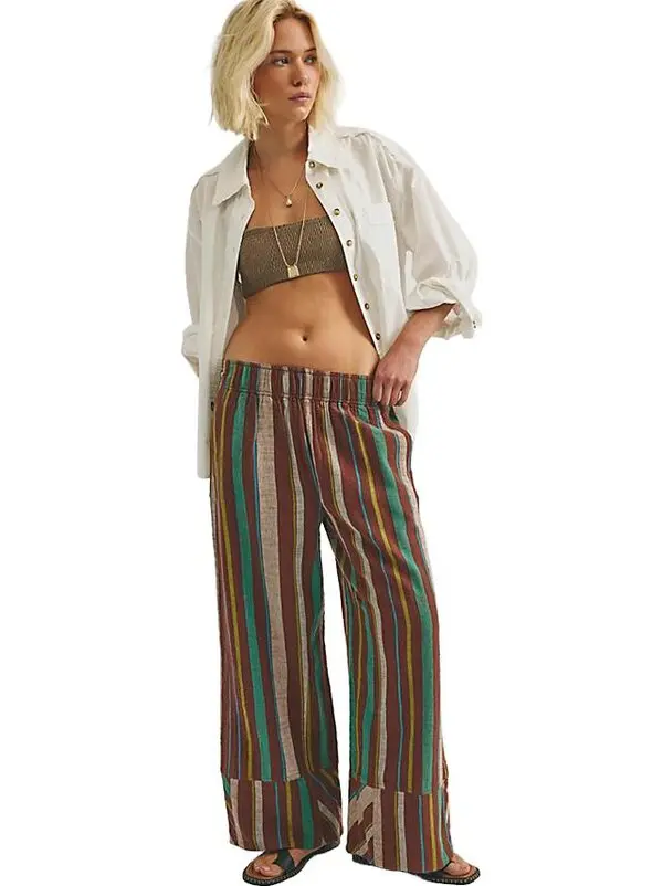 Free People Day's End Striped Linen Pants - Chocolate Combo