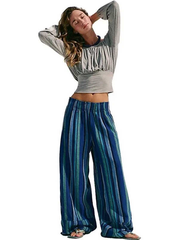 Free People Day's End Striped Linen Pants - Navy Combo