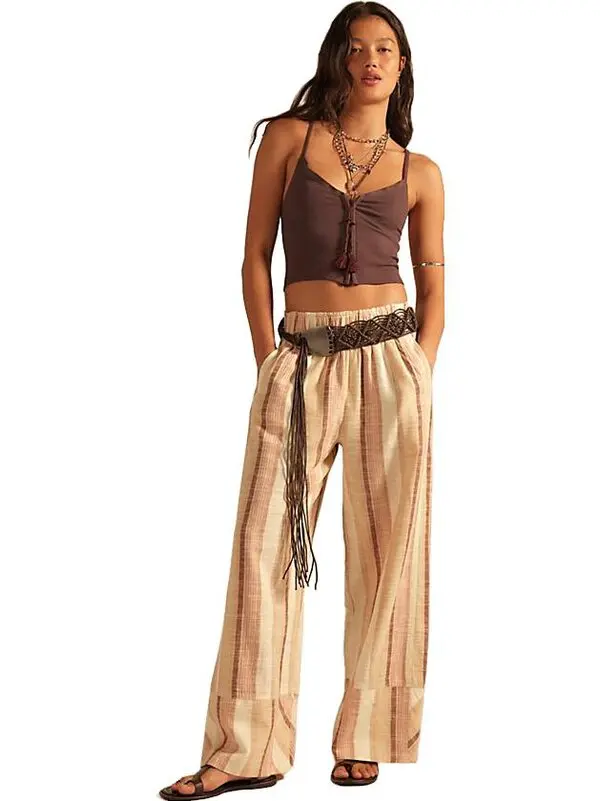 Free People Day's End Linen Striped Pull-on Pants - Tea Combo