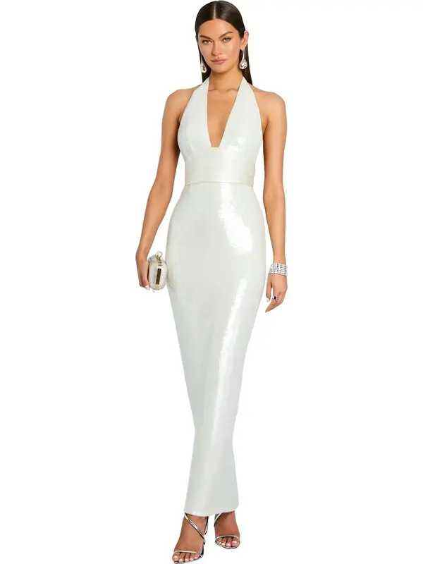 Retrofete Sequin Gown With Halter Neckline - Cream