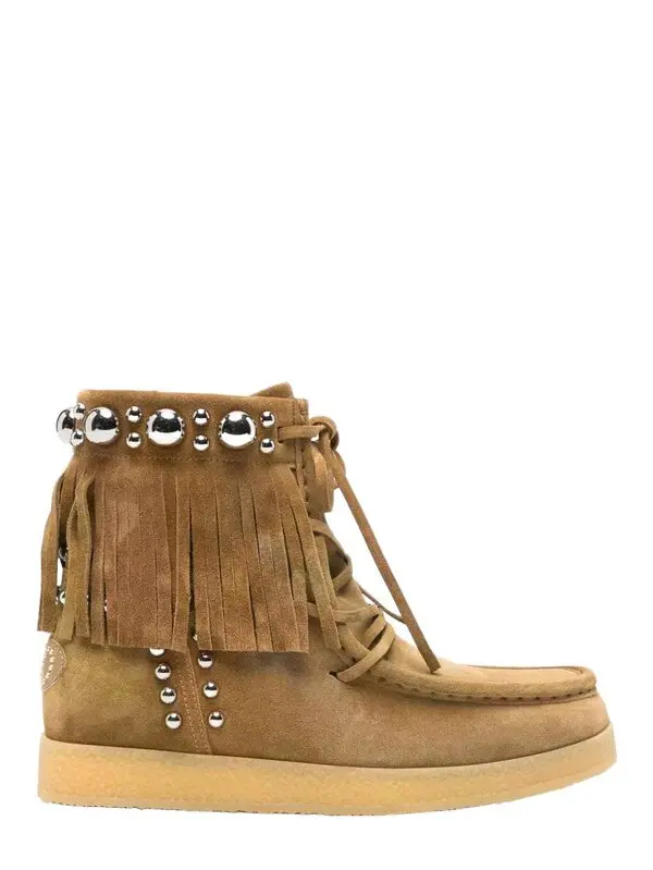 Valentino Garavani Studded Ankle Boots With Fringed Upper - Brown