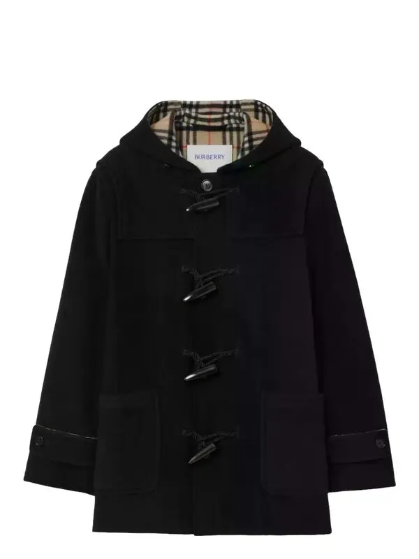Burberry Hooded Check Wool Duffle Coat - Black