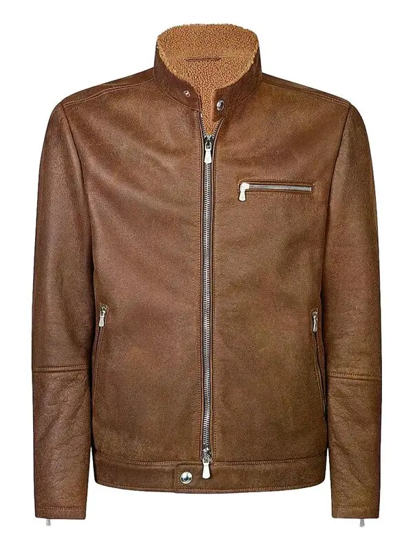 Eleventy Shearling Biker Jacket - Brown