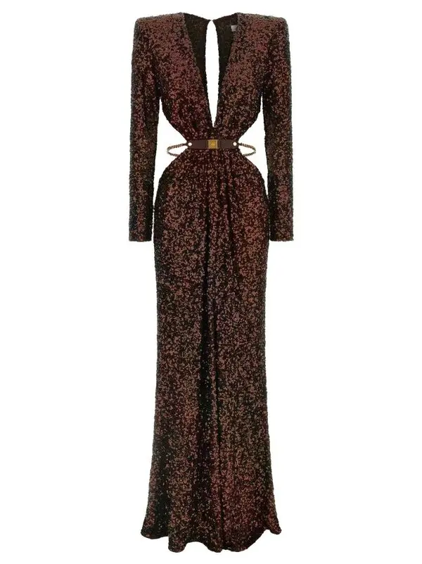Elisabetta Franchi Sequined V-neck Evening Dress - Brown