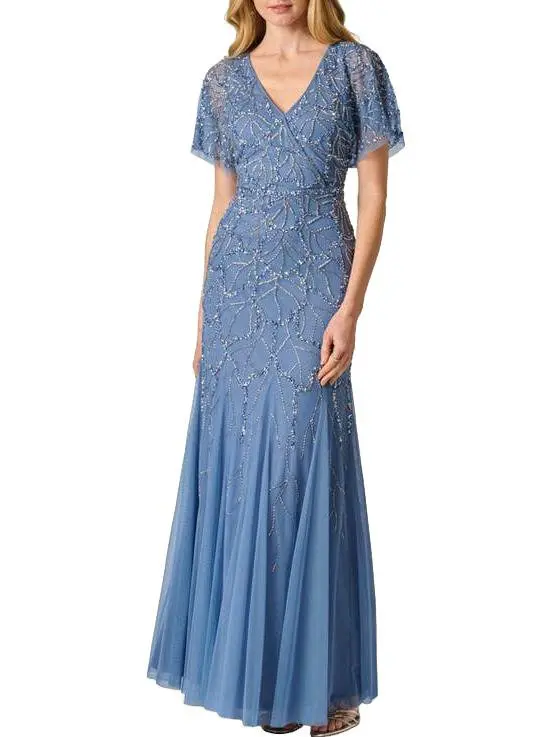 Adrianna Papell Beaded Godet Evening Gown - French Blue