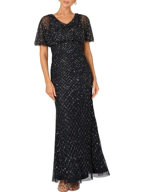 Adrianna Papell Beaded Cowl Neck Gown - Midnight