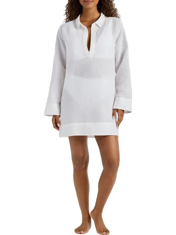 Ralph Lauren Wide Cuff Long Sleeve Linen & Cotton Cover-up Dress - White
