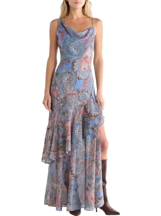 L'Agence Viola Asymmetric Tiered Gown - Periwinkle French Paisley