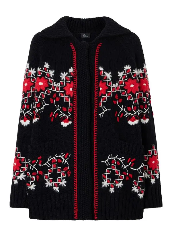 Moncler Oversized Embroidered Wool-blend Cardigan - Black