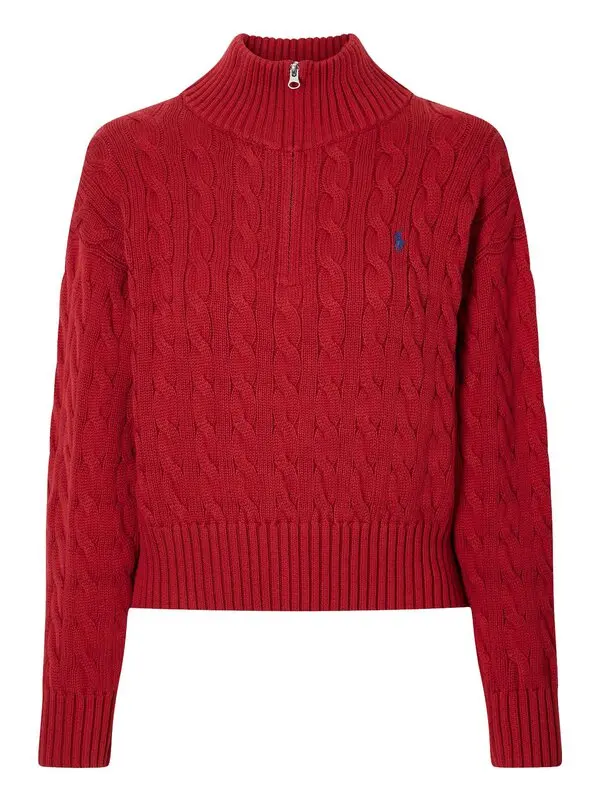 Polo Ralph Lauren Embroidered Cable-knit Half-zip Sweater - Red