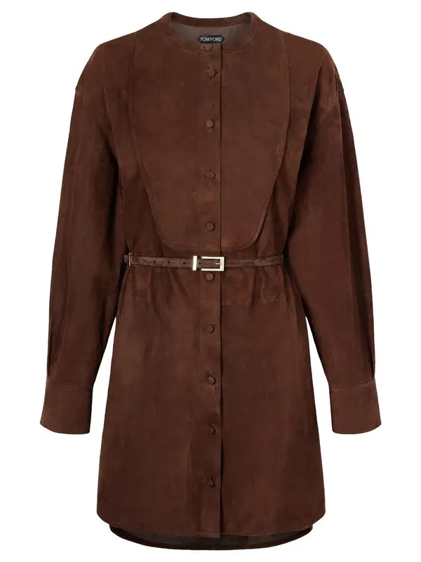 TOM FORD Belted Suede Mini Shirt Dress - Brown