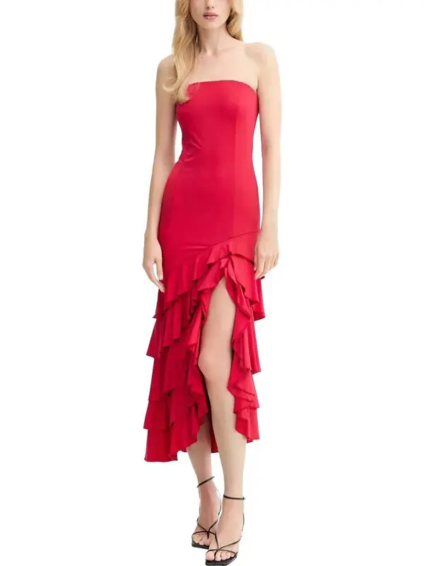 Bardot Ruffled Strapless Midi Dress - Red