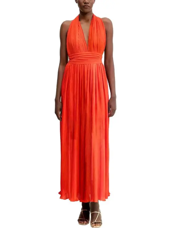 Bardot Halter-neck Pleated Maxi Dress - Orange